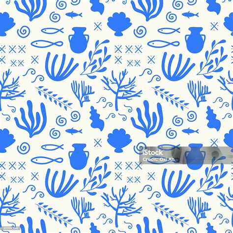 도자기 해초 조개 물고기 지점 장식이 있는 지중해 장식용 파란색 완벽 한 패턴 디자인 템플릿 카드 섬유 인쇄 용지에 대 한 바다 그리스어 모티브가 있는 반복 벡터 배경