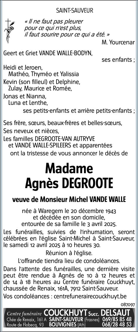 Avis De Décès De Agnès Degroote Décédé Le 03 04 2025 à Saint Sauveur