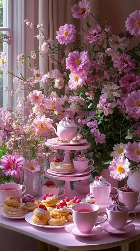 Pastel Tea Party With Pink And Lavender Cups Pastries And Flowers
