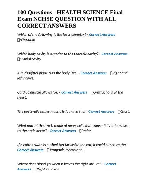 100 Questions HEALTH SCIENCE Final Exam NCHSE QUESTION WITH ALL CORRECT ANSWERS Exams