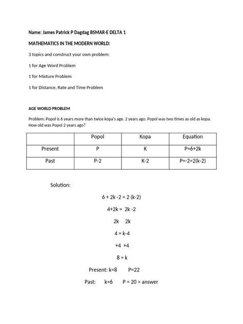 Solving Age Word Problem Mixture Problem And Distance Rate And Time