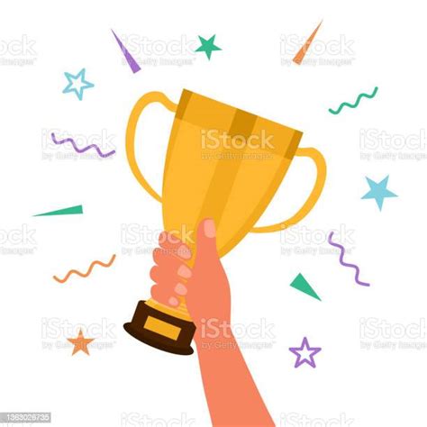 흰색 배경에 플랫 디자인에 골드 컵 트로피를 들고 손 수상자 상 경쟁에 대한 스톡 벡터 아트 및 기타 이미지 경쟁 금속 금융 Istock