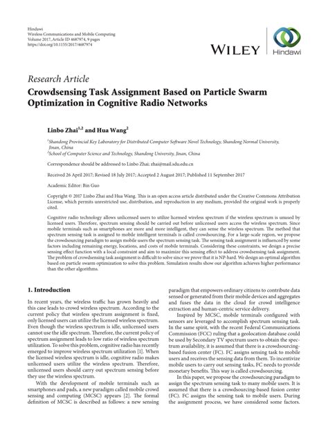 Pdf Crowdsensing Task Assignment Based On Particle Swarm Optimization In Cognitive Radio Networks