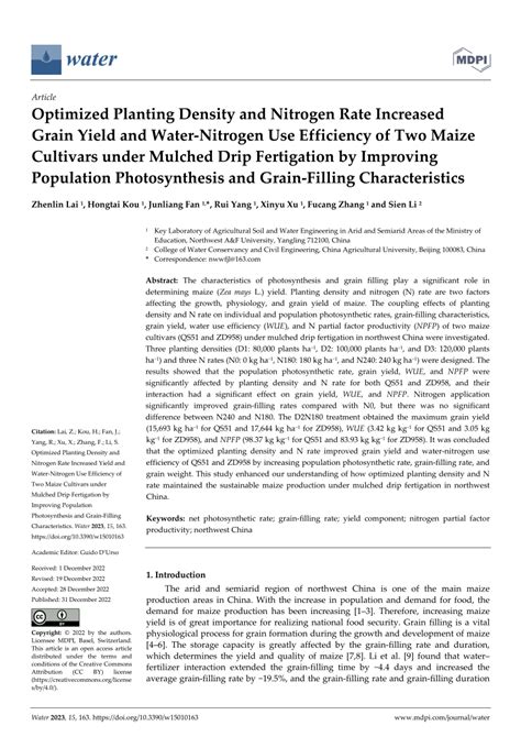 Pdf Optimized Planting Density And Nitrogen Rate Increased Grain Yield And Water Nitrogen Use