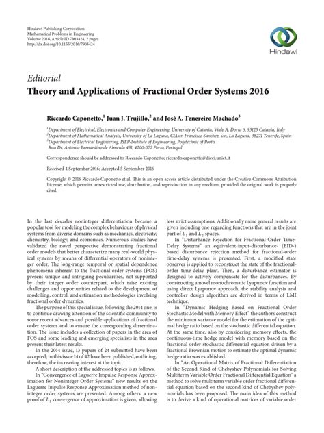 Pdf Theory And Applications Of Fractional Order Systems 2016