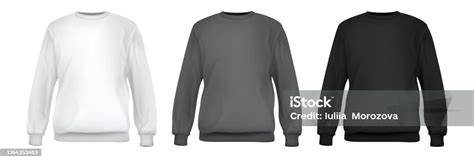깨끗한 배경에 고립 된 사실적인 흰색 회색 검은 색 스웨트 셔츠 베이스 천을 설정합니다 남성 또는 여성 패션 브랜딩을 위한 컬렉션 빈 모형 캐주얼 템플릿을 디자인합니다 3d