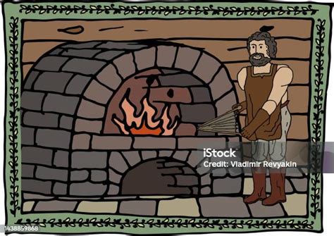 양식화된 프레임에 있는 용광로의 중세 점화의 그림 중세 단조 용광로 철공 대장장이 사용 준비 Eps 당신의 디자인을 위해 강철에 대한 스톡 벡터 아트 및 기타 이미지
