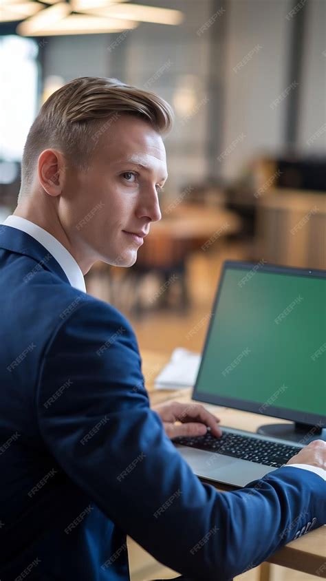 Successful Caucasian Businessman Sitting At Desk Working On Green