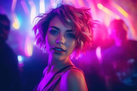 Retrato De Una Hermosa Chica Con El Pelo Corto Bailando En Un Club Nocturno Foto Premium