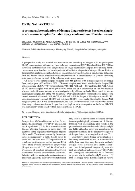 Pdf A Comparative Evaluation Of Dengue Diagnostic Tests Based On Singleacute Serum Samples For