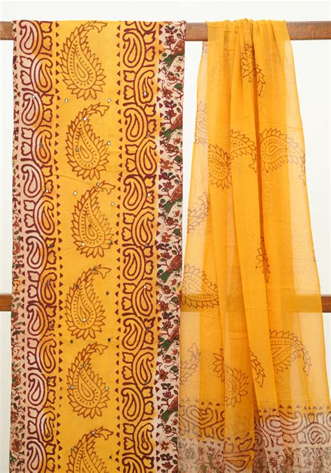 Light Brown And Mango Yellow Unstitched Kalamkari Block Printed Muslin