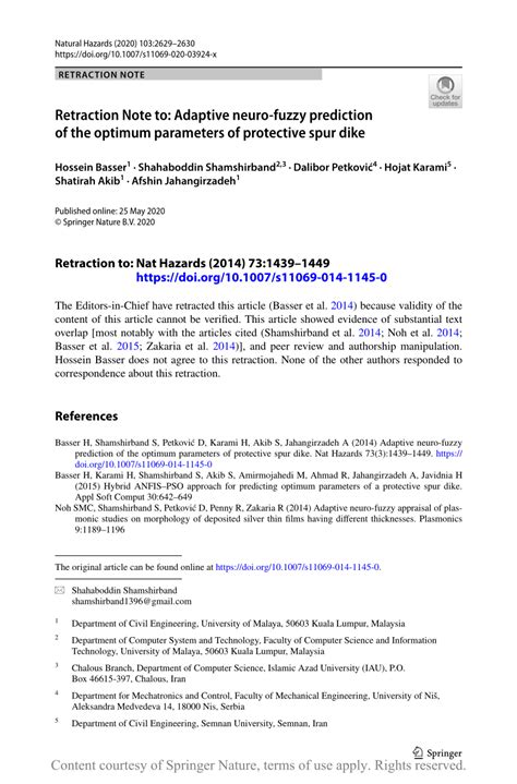Retraction Note To Adaptive Neuro Fuzzy Prediction Of The Optimum Parameters Of Protective Spur