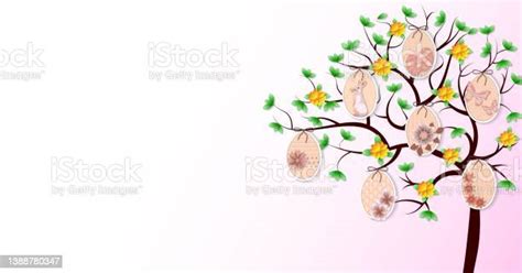 행복한 부활절 나무 잎 꽃 장식 부활절 달걀 수평 템플릿 디자인 배너 인사말 카드 소셜 미디어에 대한 프레임 라이트 백에서 격리된 벡터 그림 0명에 대한 스톡 벡터 아트 및