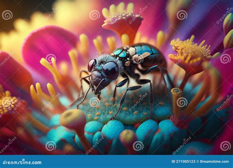 Close Up Realistic Ants Finding Food Over Colorful Flowers Created