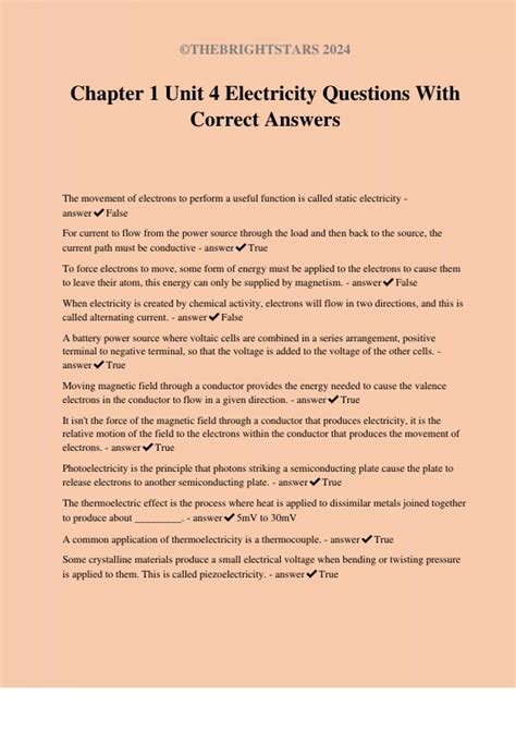 Chapter 1 Unit 4 Electricity Questions With Correct Answers