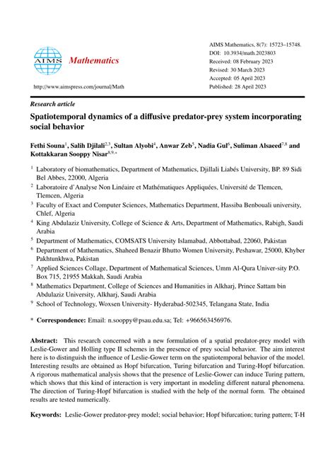 Pdf Spatiotemporal Dynamics Of A Diffusive Predator Prey System Incorporating Social Behavior