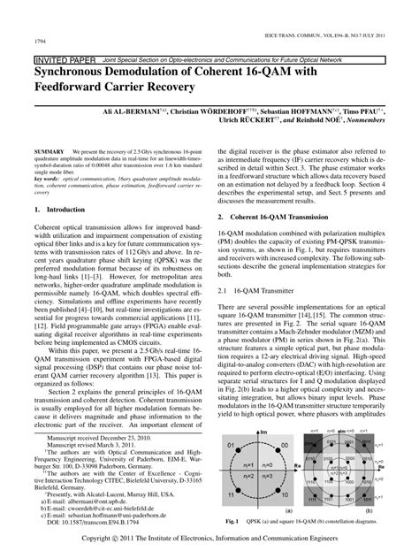 Pdf Synchronous Demodulation Of Coherent 16 Qam With Feedforward Carrier Recovery