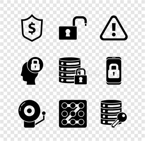 Set Shield With Dollar Open Padlock Exclamation Mark In Triangle Ringing Alarm Bell Graphic