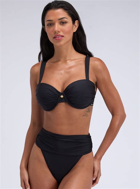 Ferrara Ruched High Leg Bikini Bottoms Black Boux Avenue Uk