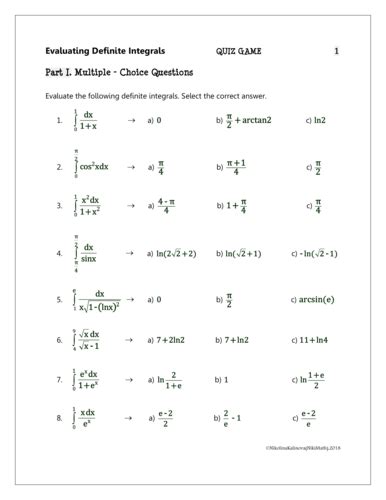 Definite Integrals Multiple Choice Game Find Out Draco Teaching Resources