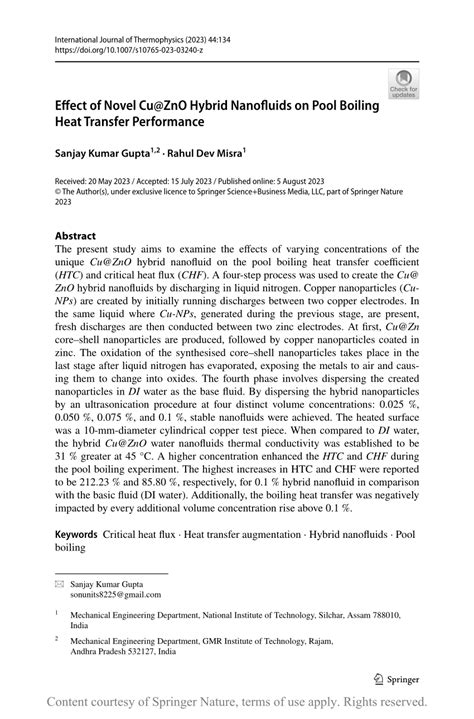 Effect Of Novel Cuzno Hybrid Nanofluids On Pool Boiling Heat Transfer Performance Request Pdf