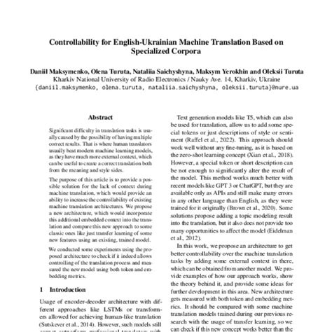 Controllability For English Ukrainian Machine Translation Based On Specialized Corpora Acl