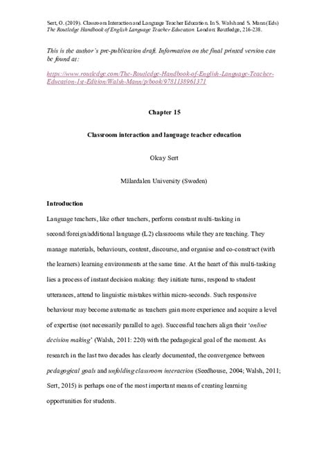 Pdf Classroom Interaction And Language Teacher Education