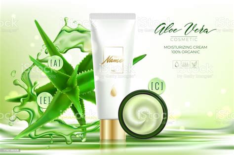 카탈로그 매거진 용 화장품의 디자인 광고 포스터 알로에 베라 식물과 물 스플래시와 화장품 패키지의 디자인 보습 크림 젤 바디 로션 알로에 베라 추출 물 아름다움에 대한 스톡