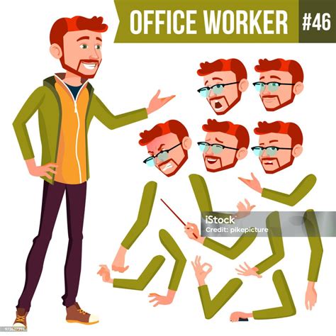 사무실 작업자 벡터입니다 빨간 머리입니다 감정 다양 한 제스처를 얼굴 애니메이션 만들기 세트입니다 실업 노동자입니다 행복 한