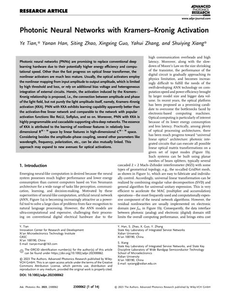 Pdf Photonic Neural Networks With Kramers Kronig Activation