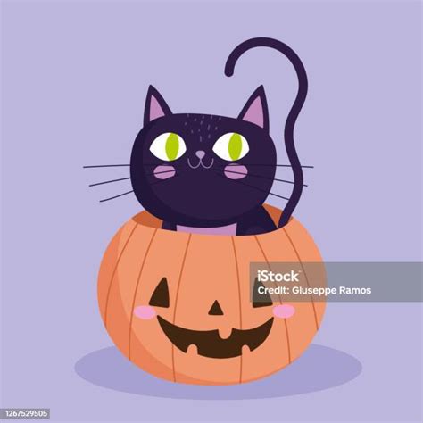 행복한 할로윈 호박 트릭 내부 검은 고양이 또는 치료 파티 축하 10월에 대한 스톡 벡터 아트 및 기타 이미지 10월 검은색 계절 Istock