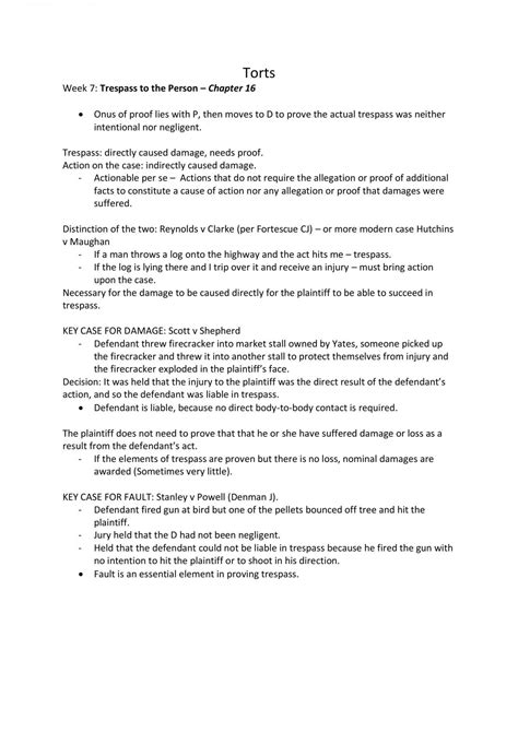 Torts 1 Exam Notes Week 7 12 Content 2021law Torts 1 Griffith