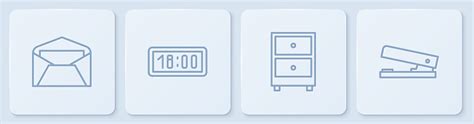 세트 라인 봉투 문서와 서랍 디지털 알람 시계 및 사무실 스테이플러 흰색 정사각형 버튼 벡터 분침에 대한 스톡 벡터 아트 및