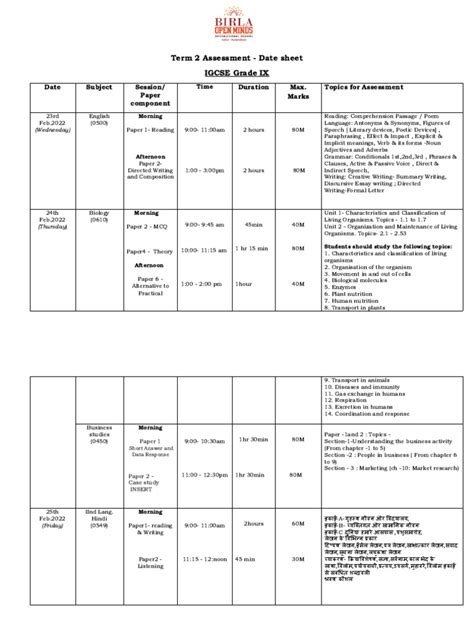 Igcse Grade Ix Term 2 Assessment Date Sheet Pdf Heat Chemistry