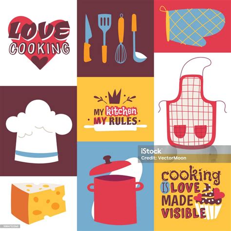 요리 기구 벡터 일러스트 레이 션 요리 기구와 레스토랑 공급 및 음식 배경 요리 내 부엌 사랑 내 규칙 요리 하는 것은 표시