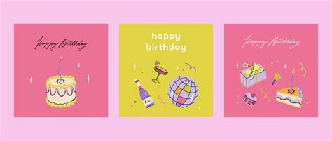 생일 축하합니다 비비드 스퀘어 카드 세트 프릴 케이크 칵테일 선물 상자가 있는 트렌디한 인사말 카드 심플한 스타일의 귀엽고 우아한 벡터 일러스트 레이 션 템플릿 개체 그룹에