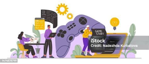 게임 개발자 디자이너 및 시나리오 작가 디지털 제품을 작업하는 프로그래머 전문가는 게임 캐릭터를 만들고 스크립트를 재생합니다 Pc 소프트웨어를 코딩하는 사람들 벡터 개념