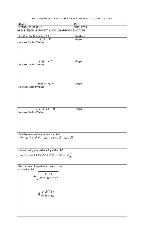 Week 3 Oeas31 Set A Exponential And Logarithmic Functions Math101c Week 3 Onsite Exercise
