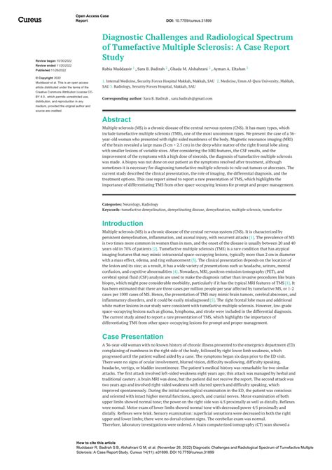 Pdf Diagnostic Challenges And Radiological Spectrum Of Tumefactive Multiple Sclerosis A Case