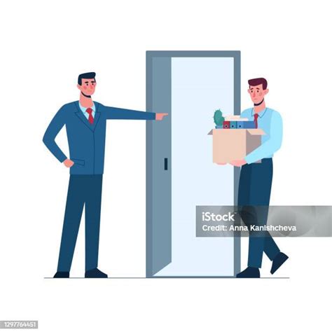 해고된 사람은 손에 상자를 들고 사무실을 떠난다 사악한 보스는 일없이 사람을 떠난다 위기로 인한 일자리 손실 전염병 경제 쇠퇴 해고 된 직원 실업 벡터 플랫 인원 삭감에