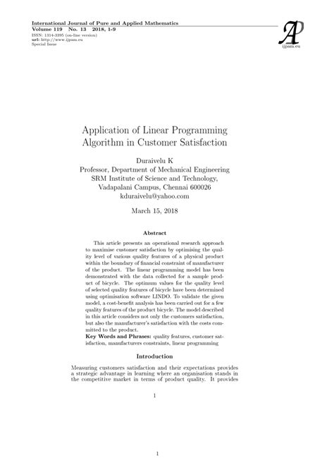 Pdf Application Of Linear Programming Algorithm In Customer Satisfaction