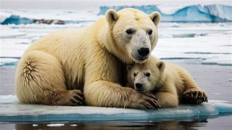 Polar Bear Mother Cuddles Cub On Melting Arctic Ice Premium Ai