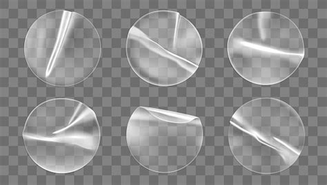 투명 한 둥근 접착제 스티커 는 투명 한 배경에 격리 된 설정 모의 플라스틱 구겨진 둥근 끈적 끈적한 라벨에 붙어 있는 효과가 있습니다 레이블 또는 가격 태그의 템플릿입니다