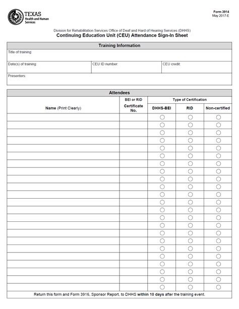 Tx Hhs Form 3914 Continuing Education Unit Ceu Attendance Sign In
