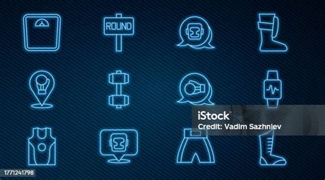 세트 라인 스포츠 복싱 신발 하트 스마트 시계 복싱 헬멧 아령 장갑 욕실 저울 및 링 보드 아이콘 벡터 가죽에 대한 스톡 벡터