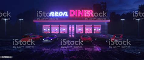 늦은 밤에 네온 식당과 복고풍 자동차 아스팔트에 안개 비 및 색상 반사 3d 일러스트레이션 0명에 대한 스톡 사진 및 기타 이미지 Istock