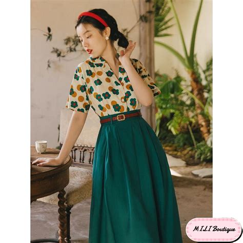 【mili 复古洋裝】港風復古vintage綠洋裝两件套装 紅色印花polo衬衫高腰傘襬裙 法式洋裝2023夏女 蝦皮購物