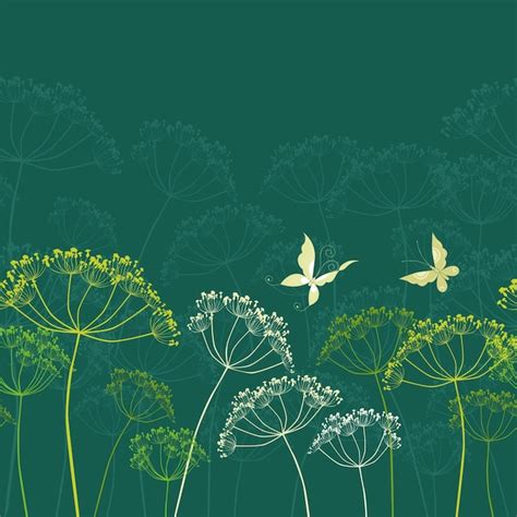 실루엣 우산 식물과 비행 나비 장식 배경 프리미엄 벡터