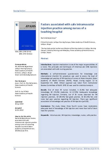 Pdf Factors Associated With Safe Intramuscular Injection Practice Among Nurses Of A Teaching