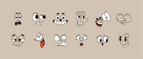 손으로 그린 복고풍 만화 얼굴 그림 복고풍 만화 마스코트 캐릭터 재미있는 얼굴 50 년대 60 년대 오래된 애니메이션 눈과 입 요소 빈티지 만화 미소 로고 벡터 세트 감정에